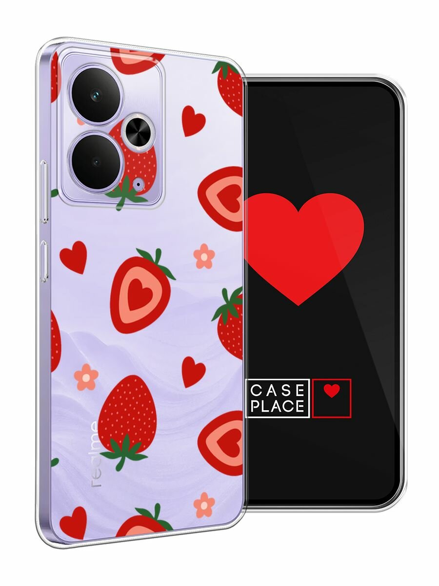 Чехол на Realme 14T / Реалми 14Т с принтом "Heart strawberries 2 - 14 февраля", прозрачный — фото 1