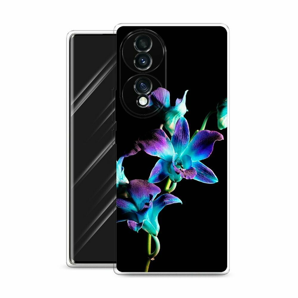 Чехол на Honor 70 / Хонор 70 с принтом "Синий цветок на черном" — фото 1