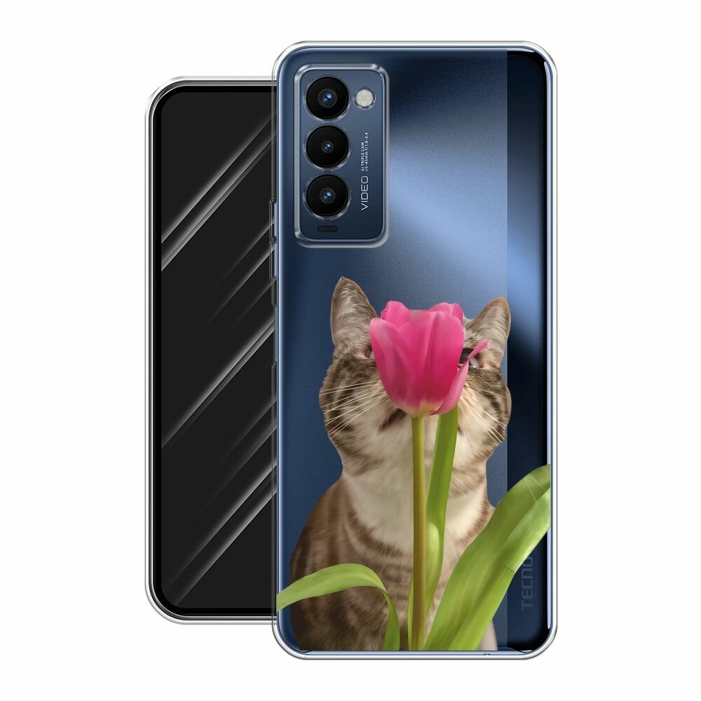 Чехол на Tecno Camon 18P / Техно Камон 18Р с принтом "Кот с тюльпаном - 8 марта", прозрачный — фото 1