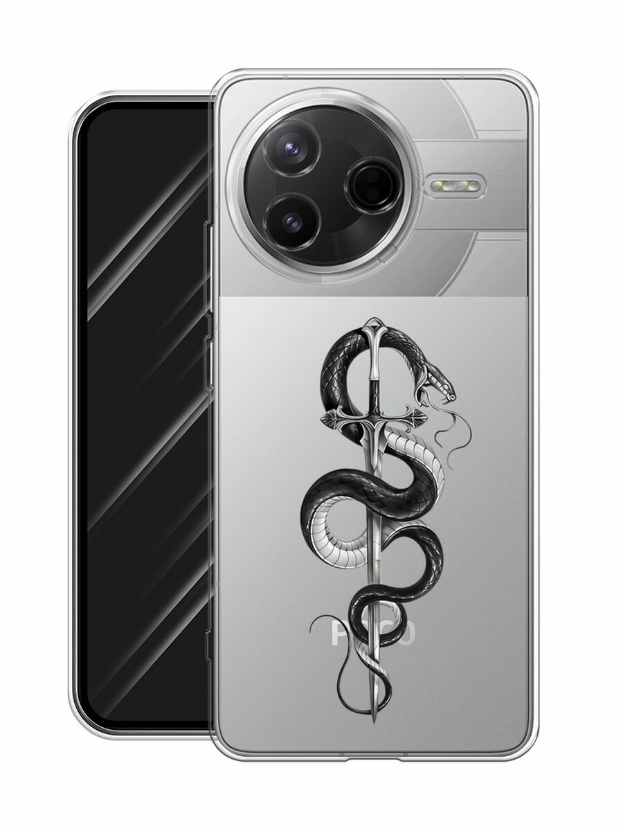 Чехол на Poco F7 Pro / Поко F7 Про с принтом "Змея с мечом чёрная", прозрачный — фото 1