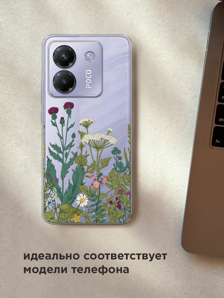 Чехол на Poco M7 Pro / Поко М7 Про с принтом "Дикие полевые цветы", прозрачный — фото 1