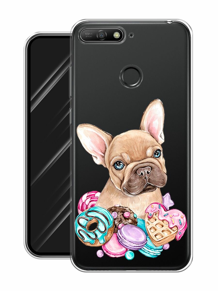 Чехол на Honor 7C/7A Pro/Huawei Y6 Prime 2018 / Хонор 7С/7А Про с принтом "Бульдог и сладости", прозрачный — фото 1