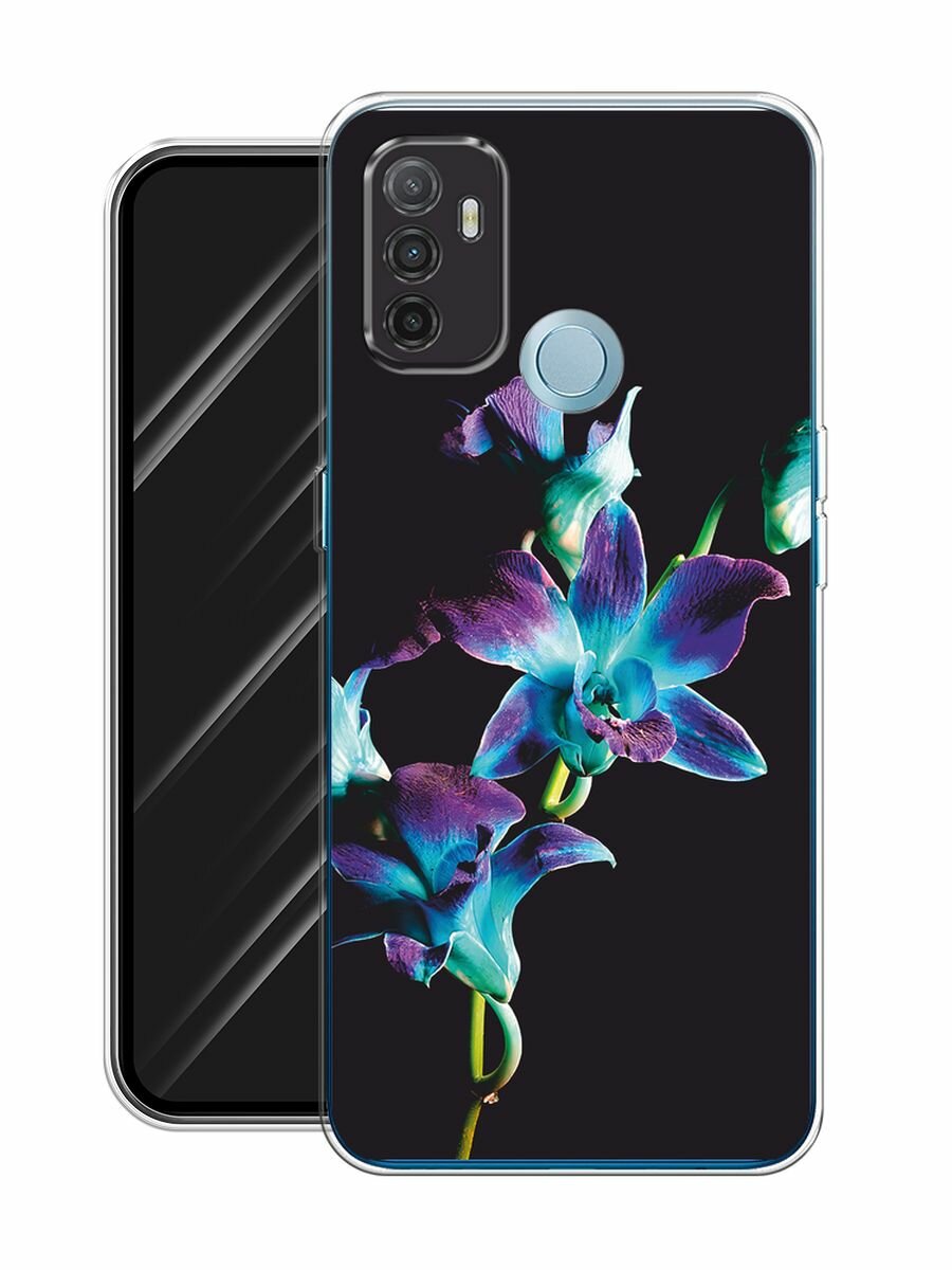Чехол на Oppo A53 / Оппо А53 с принтом "Синий цветок на черном" — фото 1