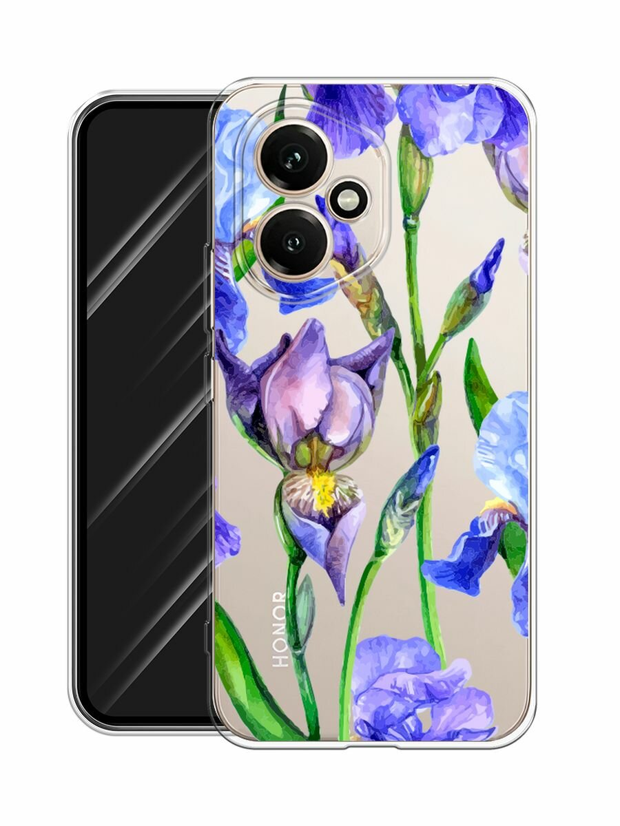 Чехол на Honor 400 / Хонор 400 с принтом "Синие ирисы", прозрачный — фото 1