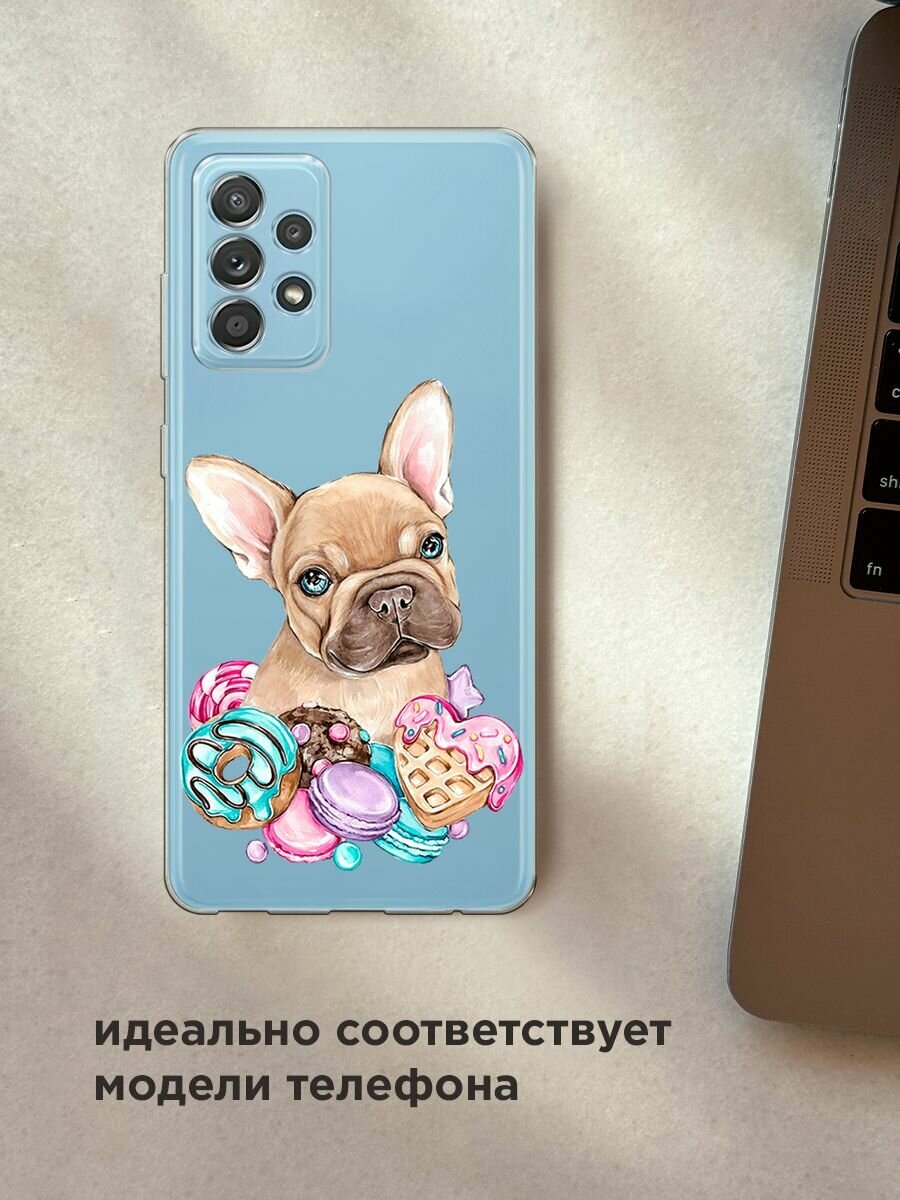 Чехол на Samsung Galaxy A52/A52s / Самсунг Галакси А52/A52s с принтом "Бульдог и сладости", прозрачный — фото 1
