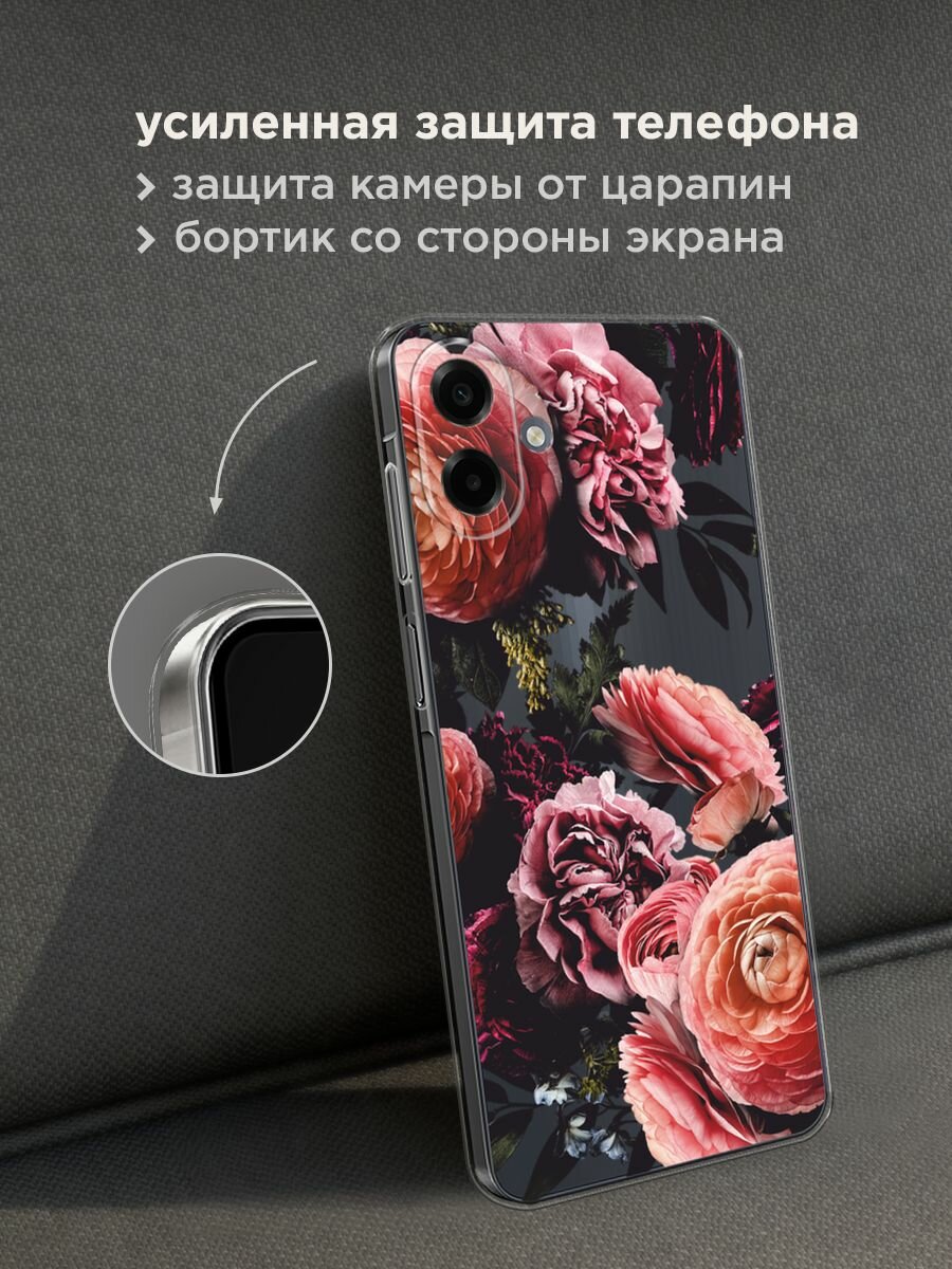 Чехол на Samsung Galaxy A07 / Самсунг А07 с принтом "Бордовые винтажные цветы", прозрачный — фото 1