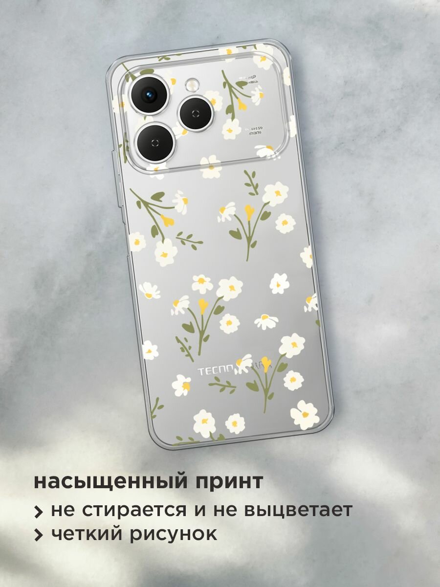 Чехол на Tecno Spark 40 / Текно Спарк 40 с принтом "Пучки ромашек паттерн", прозрачный — фото 1
