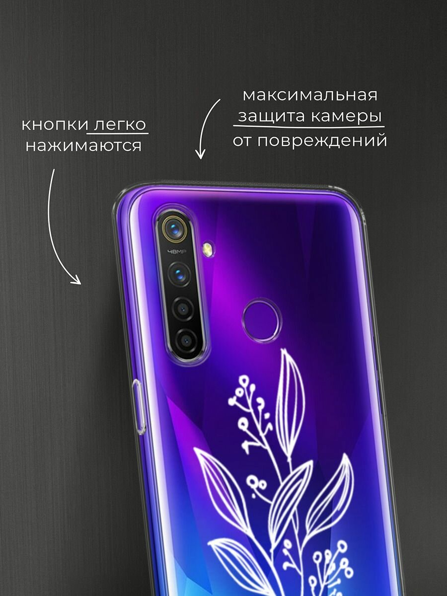 Чехол на Realme 5 Pro / Реалми 5 Про с принтом "Ветка с листочками и цветами", прозрачный — фото 1