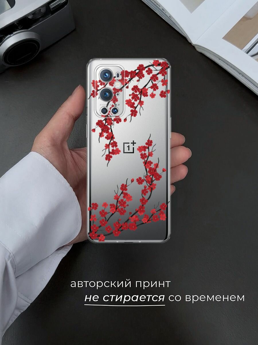 Чехол на OnePlus 9 Pro / ВанПлас 9 Про с принтом "Красная сакура", прозрачный — фото 1