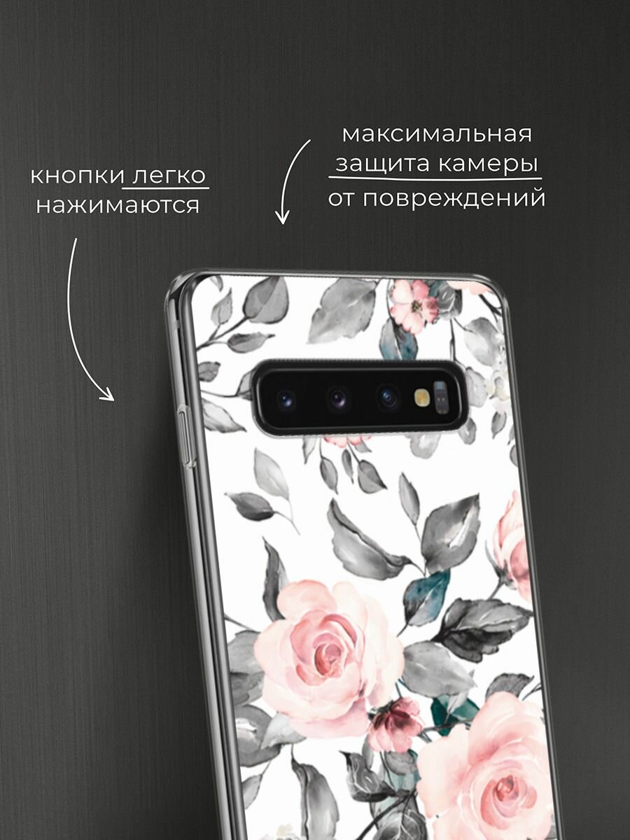 Чехол на Samsung Galaxy S10 / Самсунг Галакси S10 с принтом "Розы на белом" — фото 1