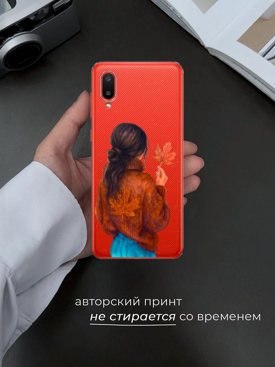 Чехол на Samsung Galaxy A02 / Самсунг Галакси А02 с принтом "Девушка с опавшим листом", прозрачный — фото 1