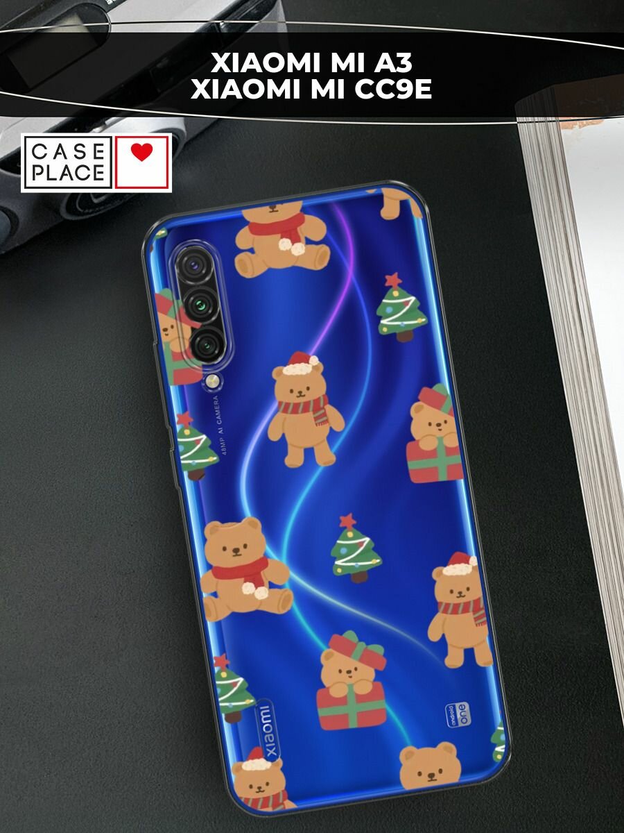 Чехол на Xiaomi Mi CC9E/Mi A3 / Сяоми Mi CC9E/Mi A3 с принтом "Игрушечный новогодний мишка", прозрачный