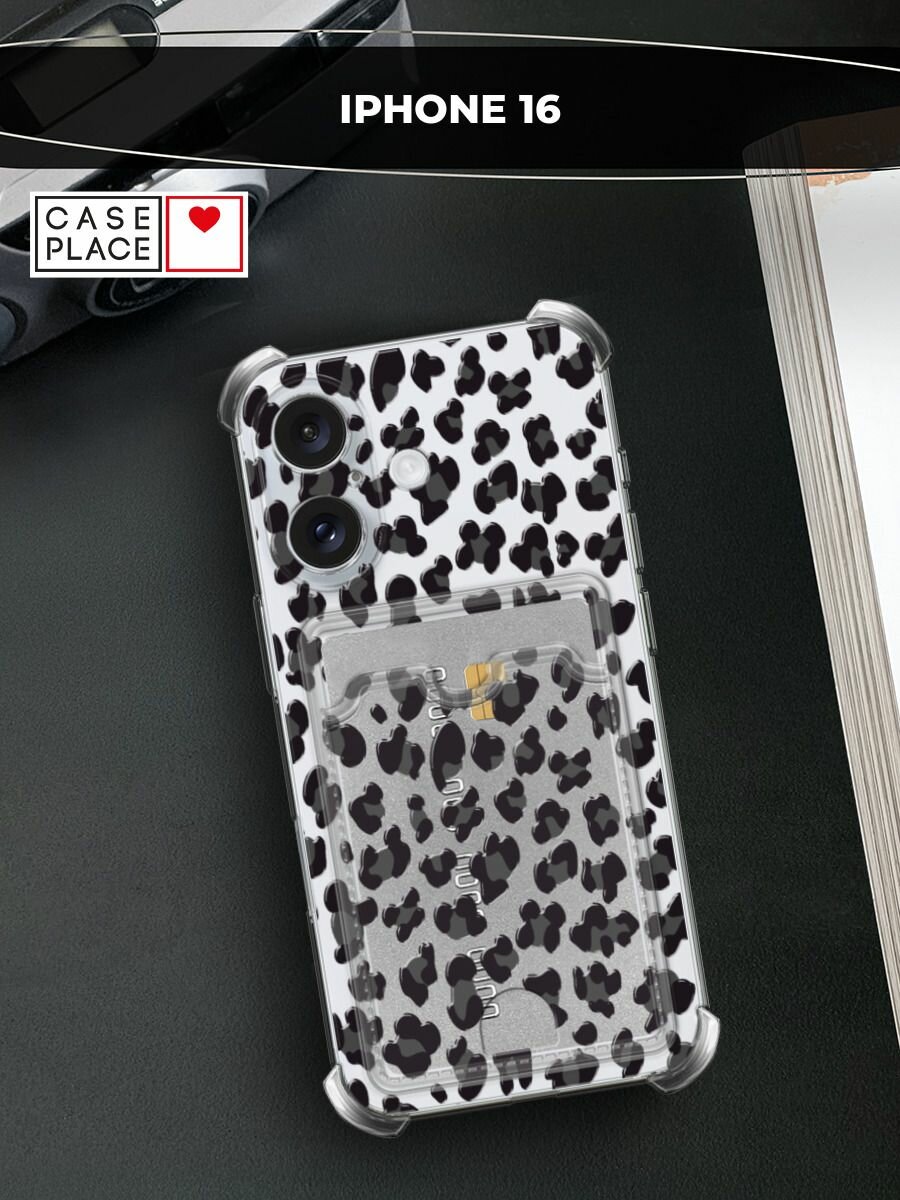 Чехол на Apple iPhone 16 (Айфон 16) с картой и принтом "Черный леопардовый окрас"