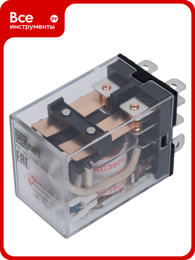 Промежуточное, DEKraft, реле DEKraft 2-контактное, с led инд. 10а 380в ac пр-102 23918DEK