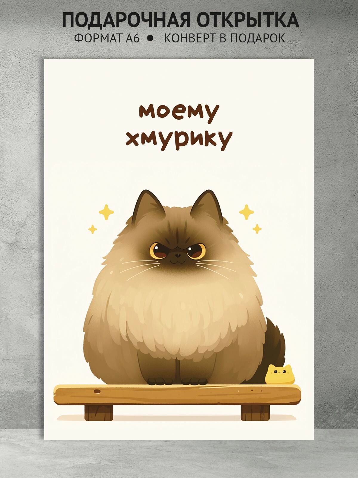 Подарочная открытка c иллюстрацией персидского кота "Моему хмурику" с днем рождения, с юбилеем, без повода