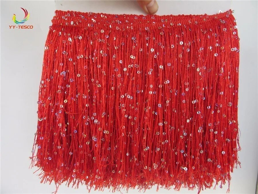 Кружевная лента с бахромой, полиэстер, 20 см Красный, Sequins red