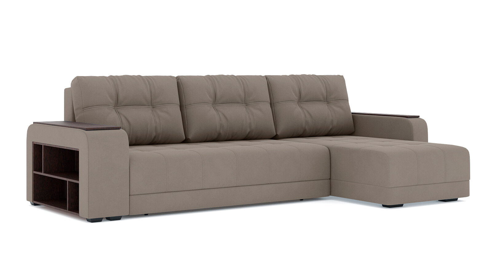 Угловой диван Милан, еврокнижка, полка в подлокотнике, угол универсальный, велюр Зара Лайт Браун 05