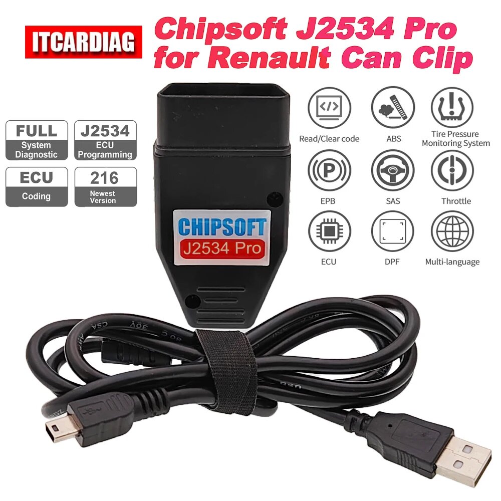 Диагностический кабель Chipsoft J2534 Pro, для Renault Can Clip V216 VCI, программирование ECU, OBD 2 OBD2, автомобильный диагностический инструмент