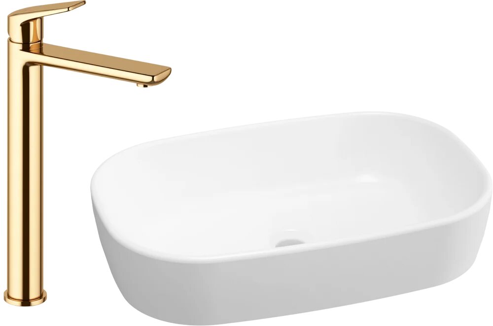Комплект 2 в 1 Накладная раковина Lavinia Boho Bathroom Sink 33311002 54 глянцевая белая / Смеситель Wellsee ONCE! and forever 182408000, золото