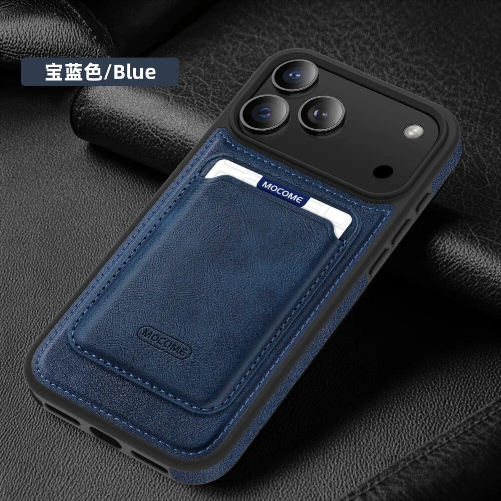 Кожаный держатель для визитных карточек с магнитным карманом, iPhone17 Про Макс, Темно-синий, blue