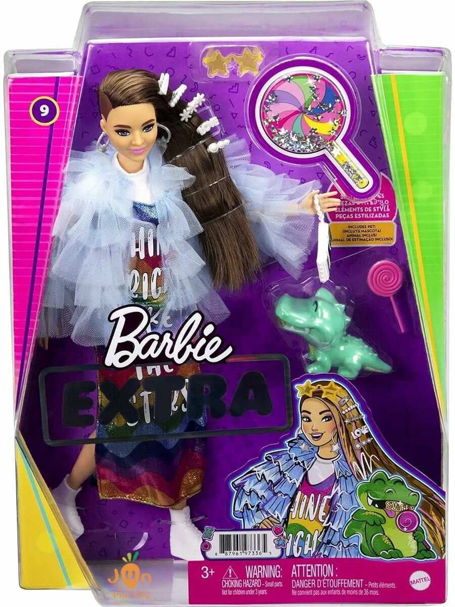 Mattel Barbie Extra Doll GYJ78 / игрушки для девочек, кукла барби, в юбке на подтяжках с радужным рисунком, с домашним крокодилом, подходит для детей от 4 лет и старше
