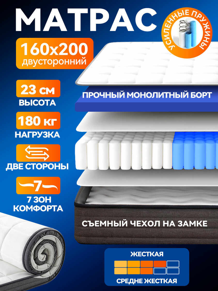 Матрас, 160 см x 200 см, ортопедический, независимые пружины, средняя жёсткость
