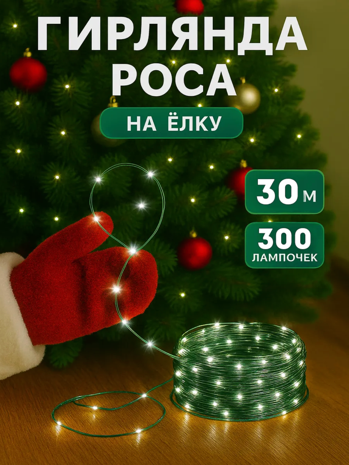 Гирлянда нить "Роса" светодиодная, новогодняя гирлянда, работа от сети, 30 метров, белые диоды на зеленом проводе