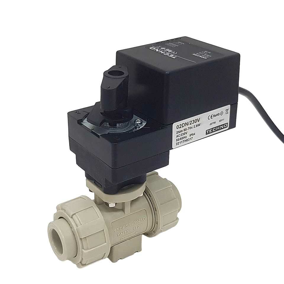 TECHNO 2025PP-04DF/230V двухходовой шаровый кран DN25 из полипропилена, с электроприводом 4Нм, 220В, управление открыто/закрыто 652225