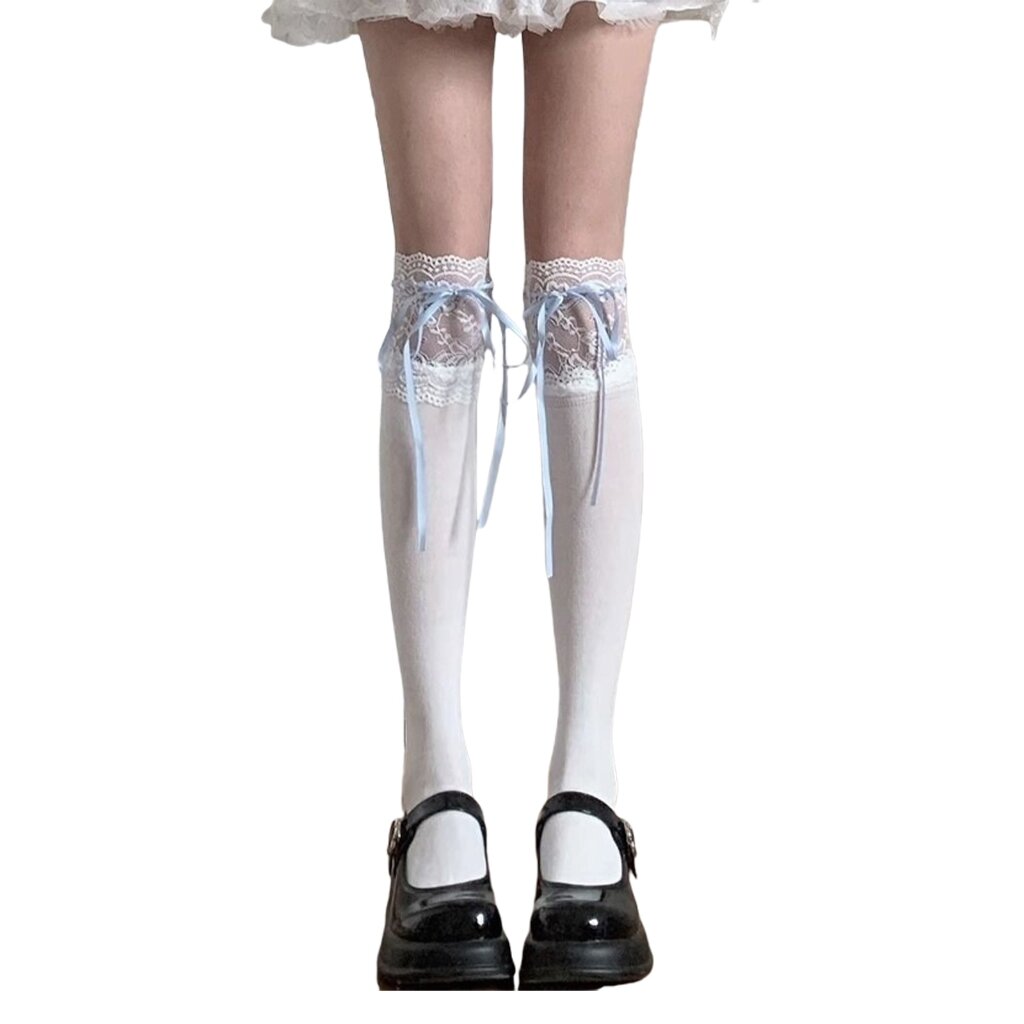Белые гольфы выше колена с кружевной вышивкой "Лолита"-белые носки с голубой лентой