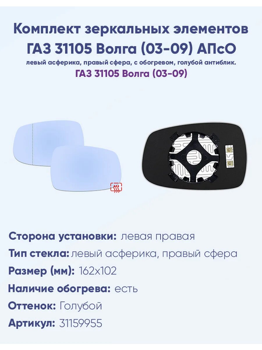 Комплект зеркальных элементов ГАЗ 31105 Волга (03-09) АПсО