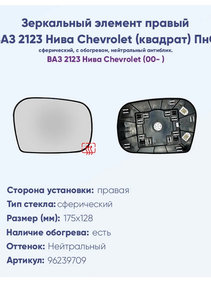 Зеркальный элемент правый ВАЗ 2123 Нива Chevrolet (квадрат)