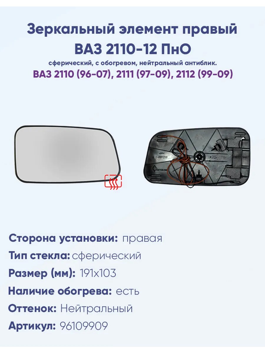 Зеркальный элемент правый ВАЗ 2110-12 ПнО 96109909