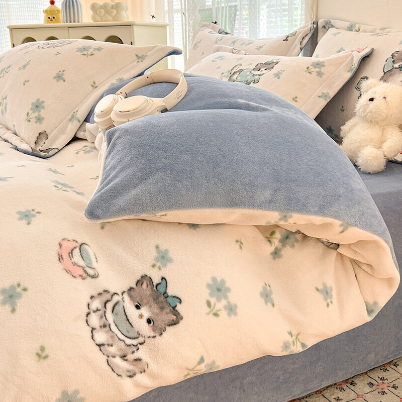 Свежий и элегантный комплект постельного белья из молочного флиса из четырех частей, зимний фланелевый пододеяльник из утолщенного молочного флиса, простыня, постельное белье для общежития,180*200cm