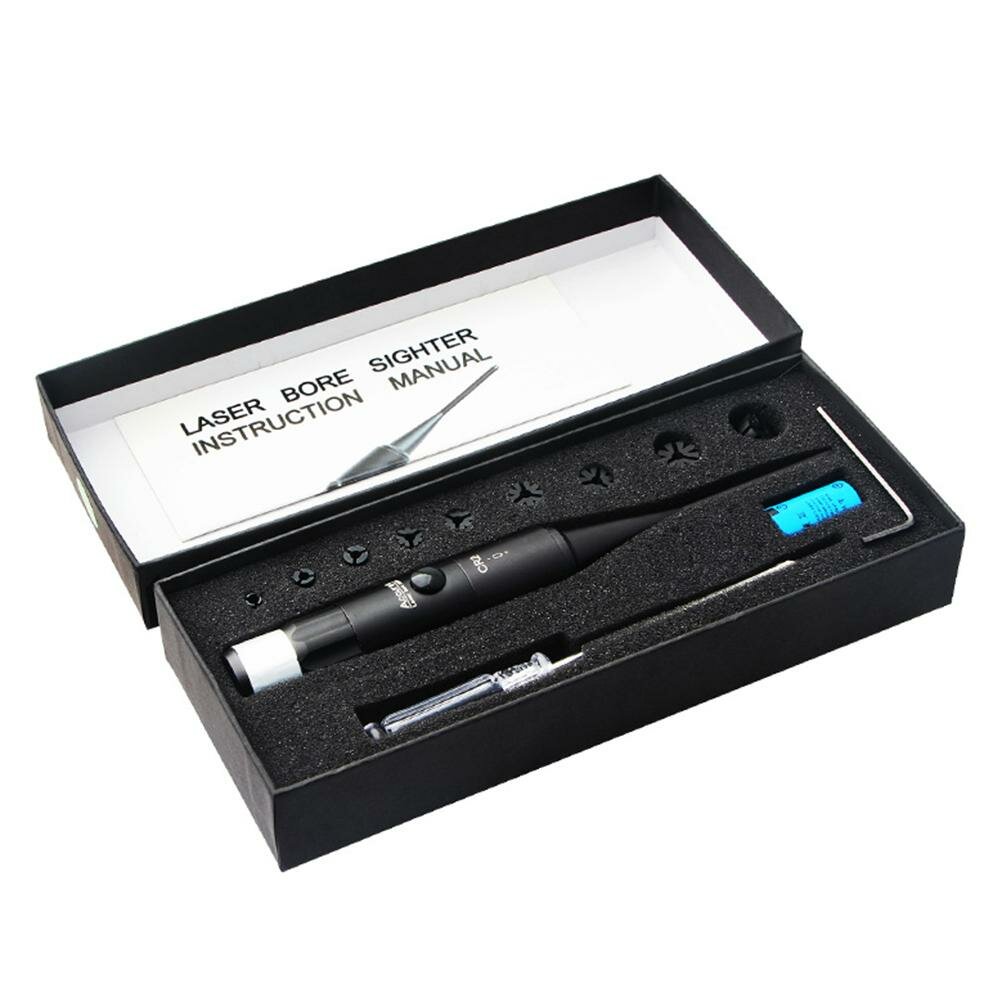 Комплект прицела для внутреннего диаметра Зеленый прицел BoreSighter с большой кнопкой переключателя для калибра от 0,177 до 0,50 и 9 пластиковыми переходниками с жестким шарниром