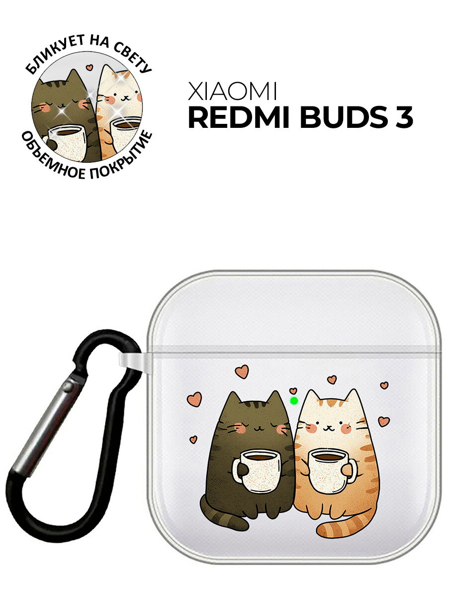 Чехол на Xiaomi Redmi Buds 3 с принтом "Кошачья история любви" прозрачный