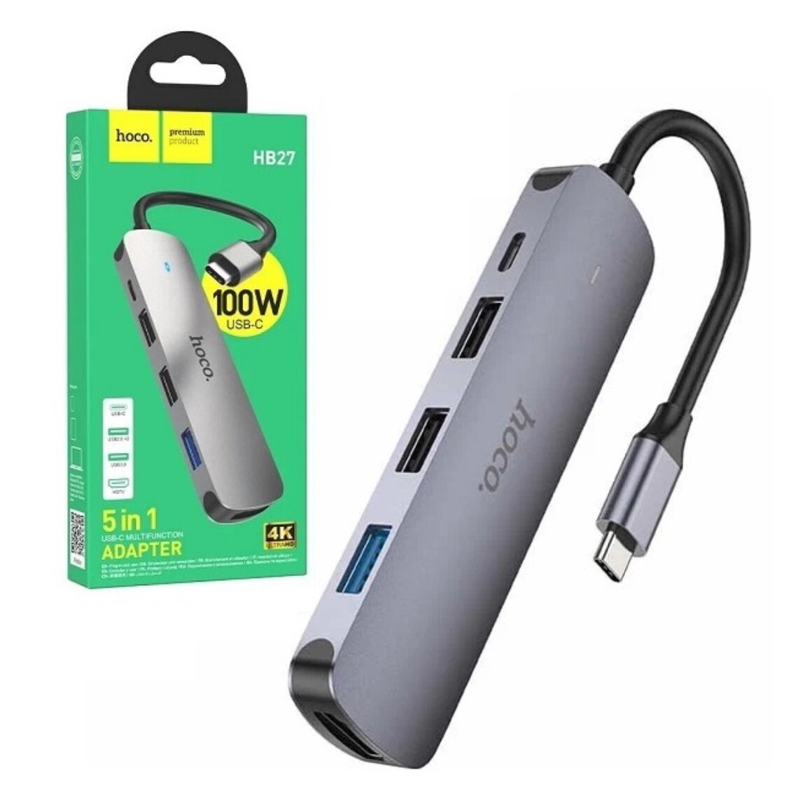 Адаптер хаб HOCO HB27 5 in 1, Type-C to HDMI 4K + USB3.0 + USB2.0*2 + Type-C 100W, серый