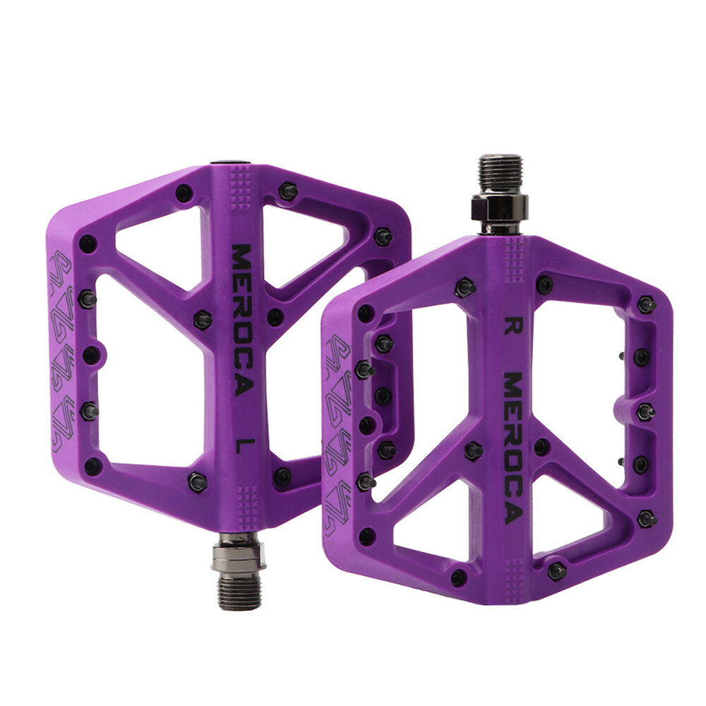 Педали для велосипеда MEROCA Ultralight Flat MTB из нейлона и стали, размер 115*112*12.5мм, вес 352г, черный красный синий зеленый пурпурный оранжевый, резьба 14мм, 8 нержавеющих стальных антискользящих гвоздей, упаковка 145*132*44мм, вес упаковки 396г,