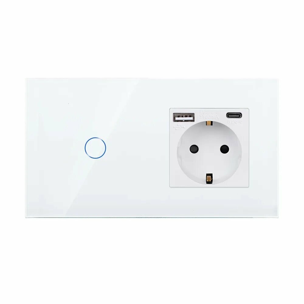 Двухкнопочный сенсорный проходными выключателями с 2 USB(Type A + Type C) Розетка, белый 1шт.