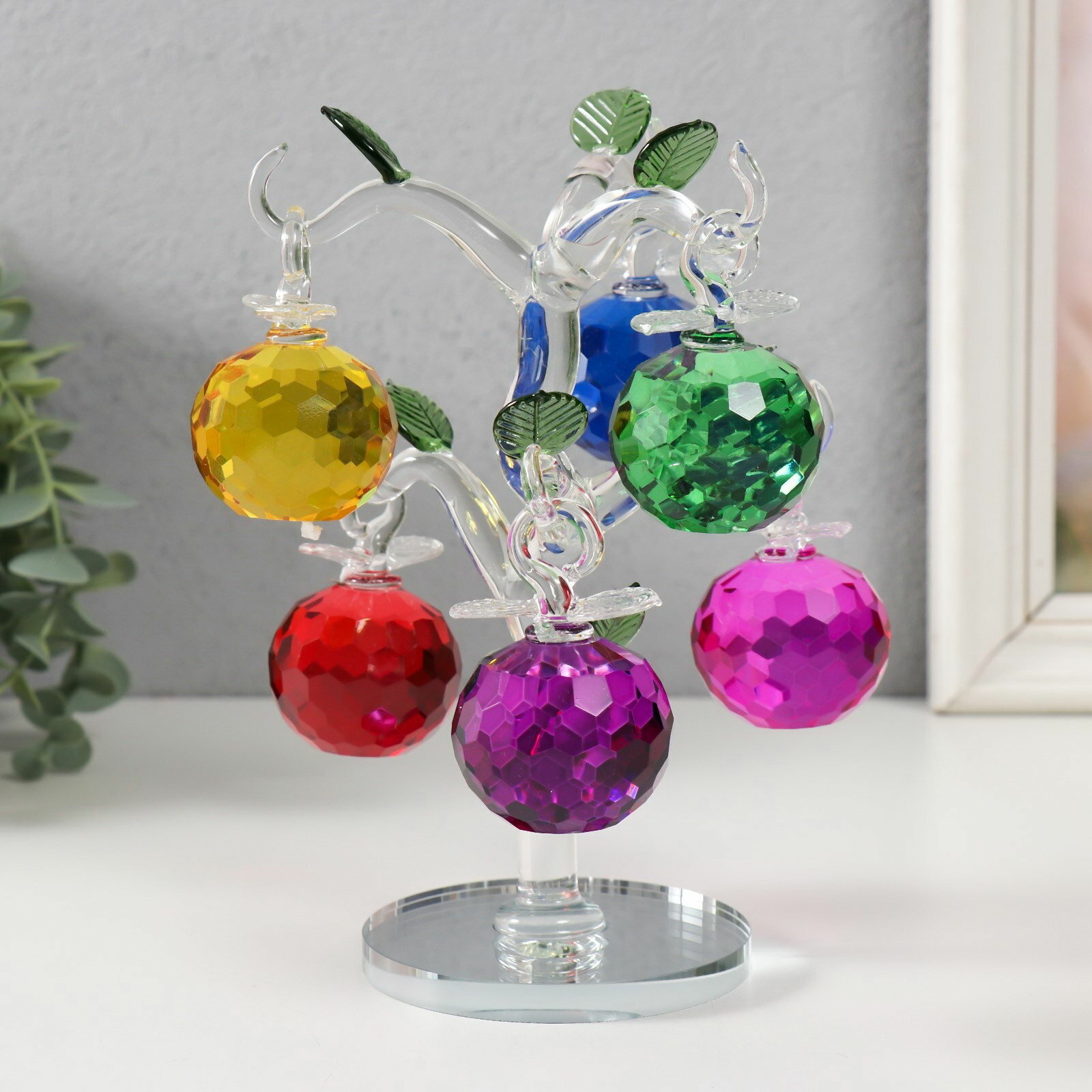 Фигурка стекло "Хрустальная яблоня с цветным яблоками", 14x14x17 см
