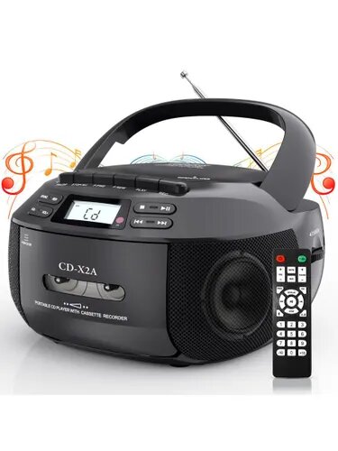 CD-плеер Бумбокс Кассетный плеер Комбо с Bluetooth, AM/FM радио, стереозвук с пультом дистанционного управления, AUX/USB привод, запись на кассету, питание AC/DC черный