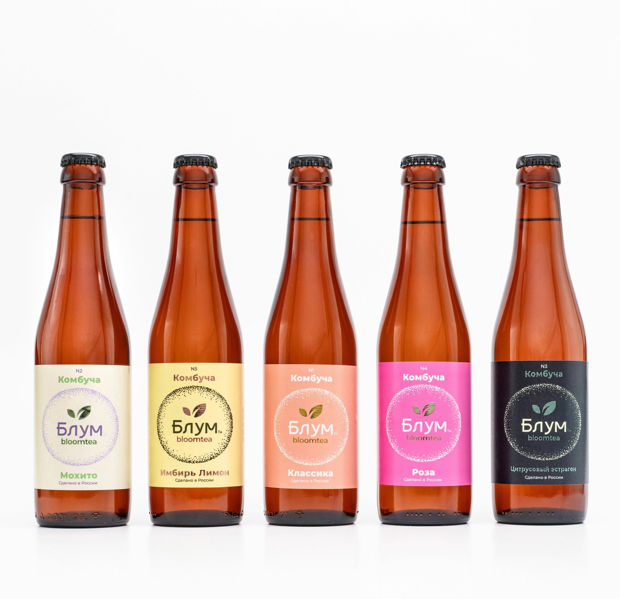 Комбуча чайный гриб Блум BLOOMTEA, PREMIUM, непастеризованная, без ароматизаторов, сет, 5 вкусов, 5х0,33л