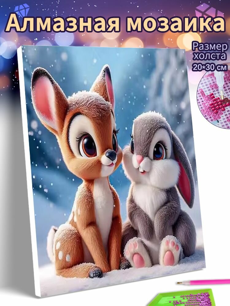 Алмазная мозаика холст на подрамнике 20x30 "Мультяшный кролик и белка" / алмазная вышивка