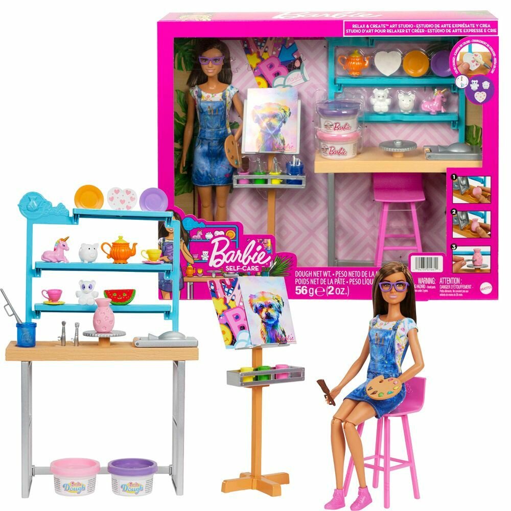Художественная студия Barbie Relax and Create, кукла Барби (11,5 дюймов), более 25 аксессуаров для творчества для изготовления керамики и рисования
