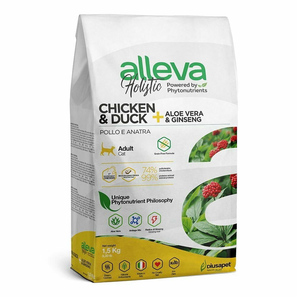Alleva Holistic - Сухой корм для взрослых кошек, беззерновой, курица с уткой, алоэ вера и женьшенем (1.5 кг)