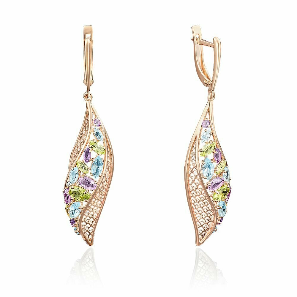 Серьги, красное золото, 585 проба, хризолит, аметист, топаз, фианит