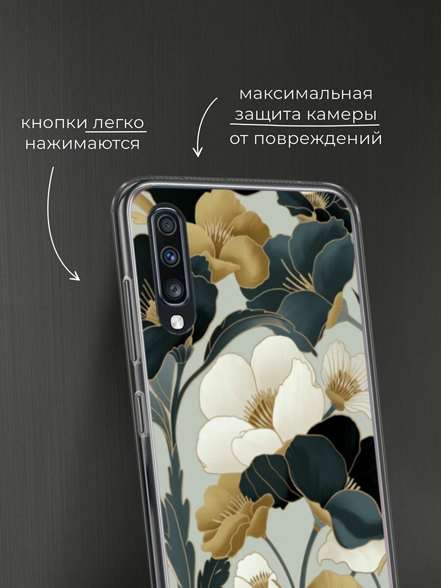 Чехол на Samsung Galaxy A70 / Самсунг Галакси А70 с принтом Золотые и белые цветы — фото 1