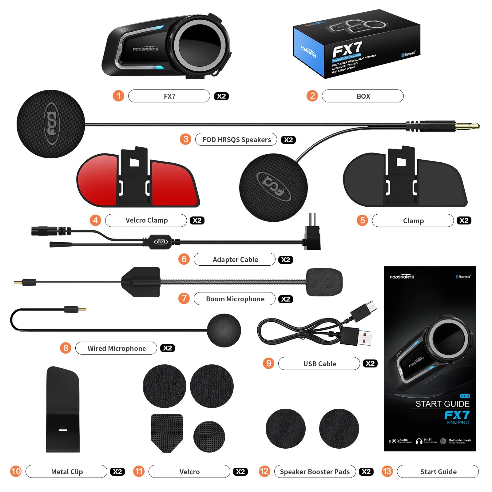 2 шт. Fodsports FX7 Mesh мотоциклетный интерком Bluetooth-гарнитура для шлема BT5.4