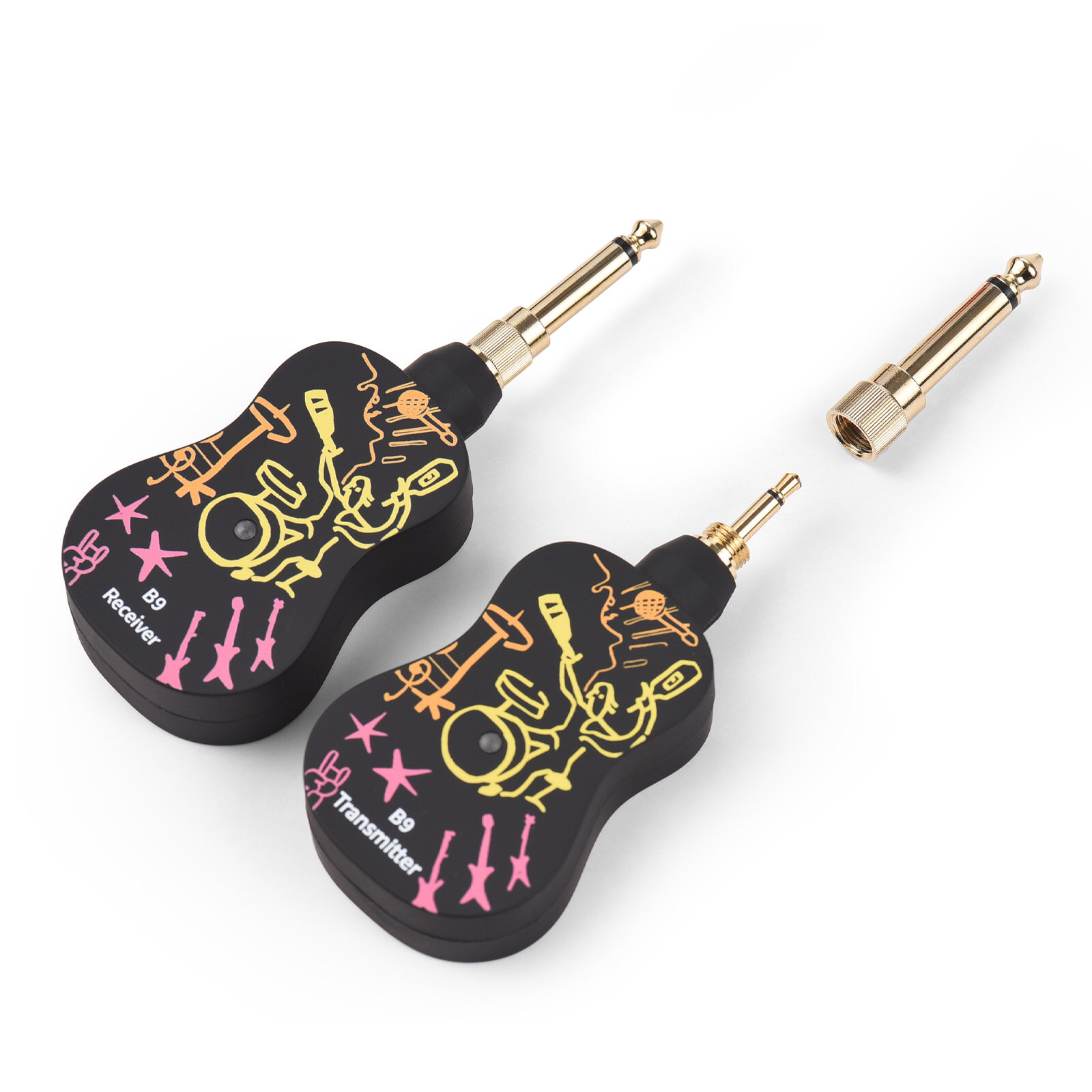 2.4G Беспроводная гитарная система Заряжаемый 3.5мм разъем Передавач Приемник Набор для электрогитары баса электроручных инструментов Плаг энд плей Релайная передача с 2 6.35мм адаптерами 400mAh 9*4.2*1.8см Micro USB Type-B порт 10Hz-22KHz менее 5мс 1-2