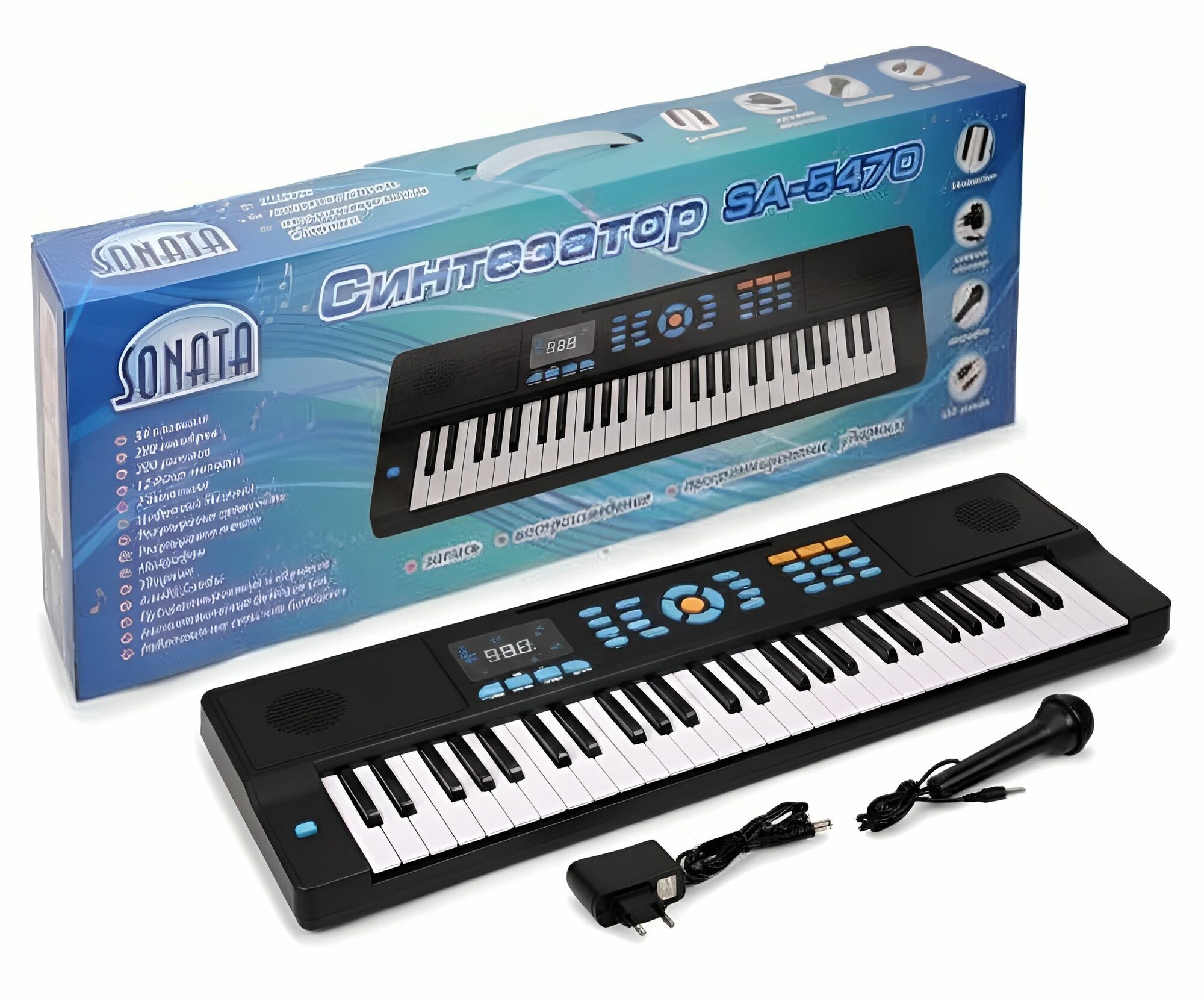Синтезатор SONATA чёрный с микрофоном, 54 клавиши, 16 тембров, 100 ритмов, для начинающих, на батарейках