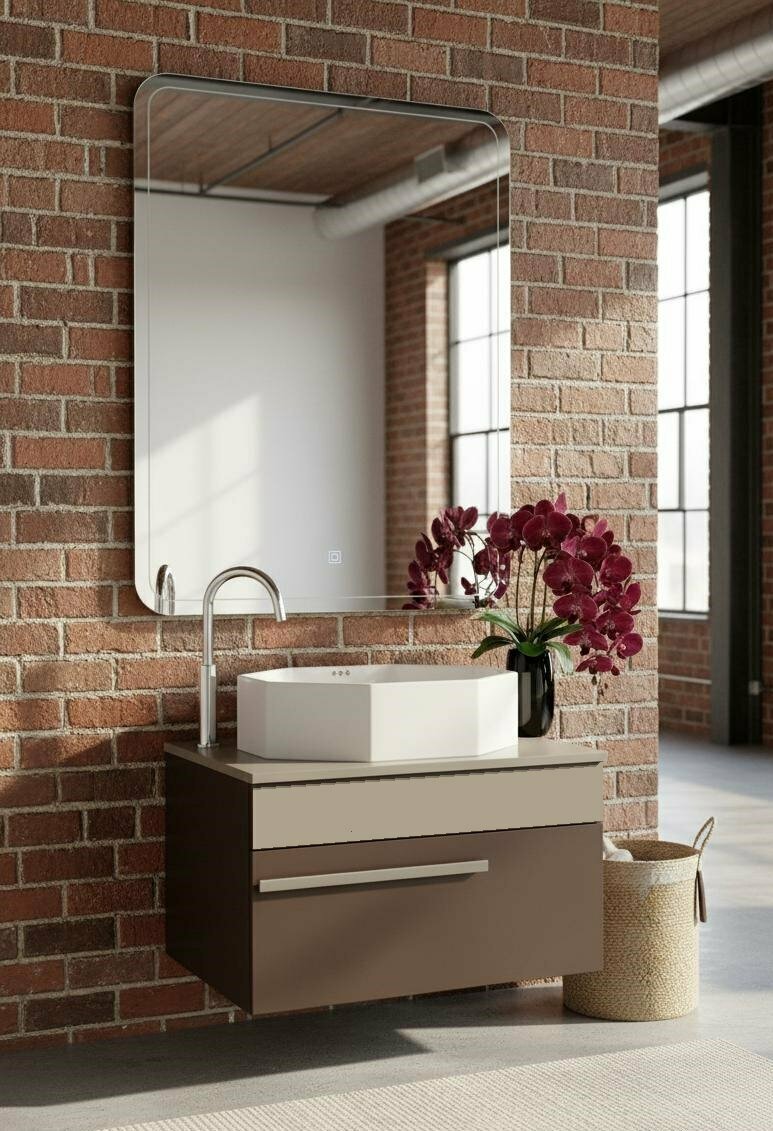 Мебель для ванной Вудлайн 65, розовый-бежевый, раковина Кристалл, зеркало Руан 60х80